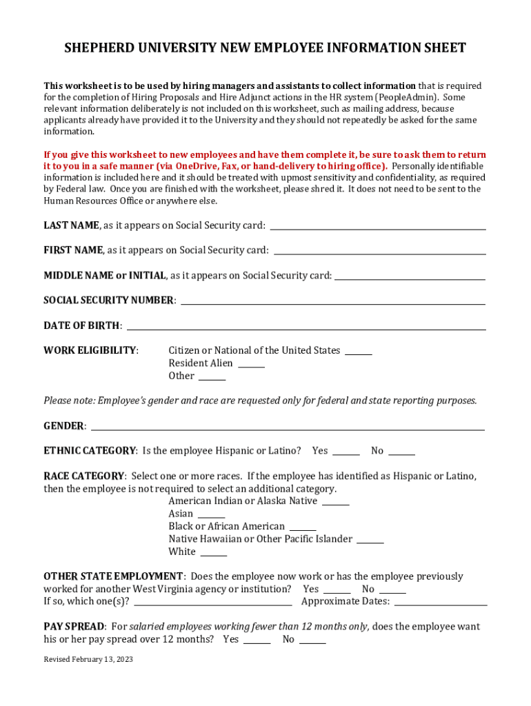 Fillable Online SHEPHERD UNIVERSITY NEW EMPLOYEE INFORMATION SHEET Fax ...