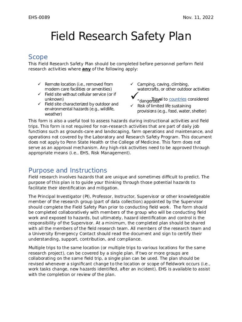 Field Research Safety Plan - PSU EHS - Penn State - ehs psu Doc Template | pdfFiller