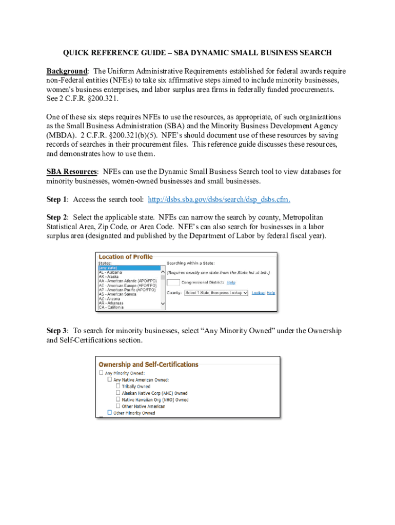 Fillable Online quick reference guidesba dynamic small business search ...