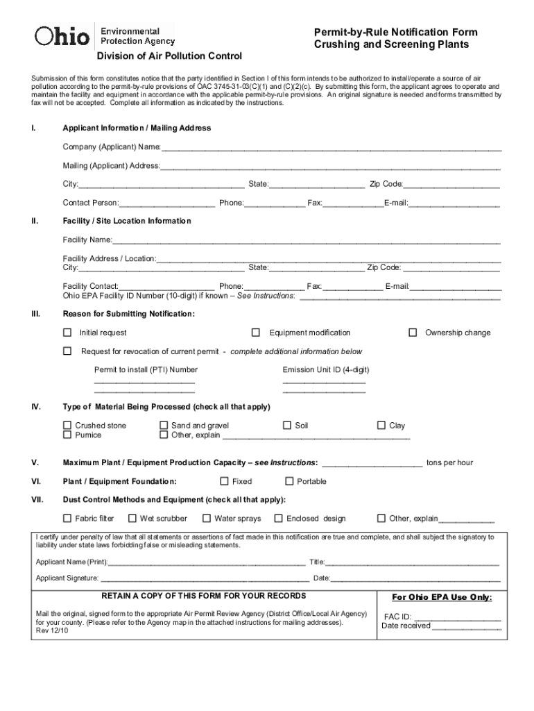 Fillable Online epa ohio Permit-by-Rule Notification Form Unpaved ...