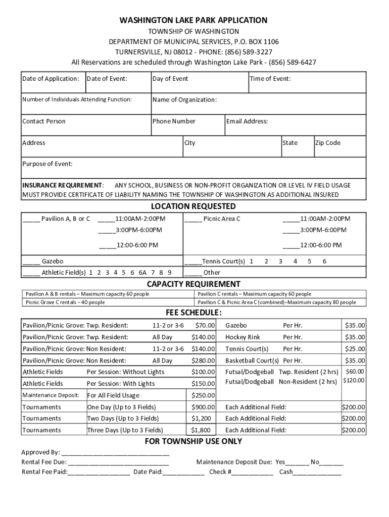 Fillable Online WASHINGTON LAKE PARK APPLICATION LOCATION ... Fax Email ...