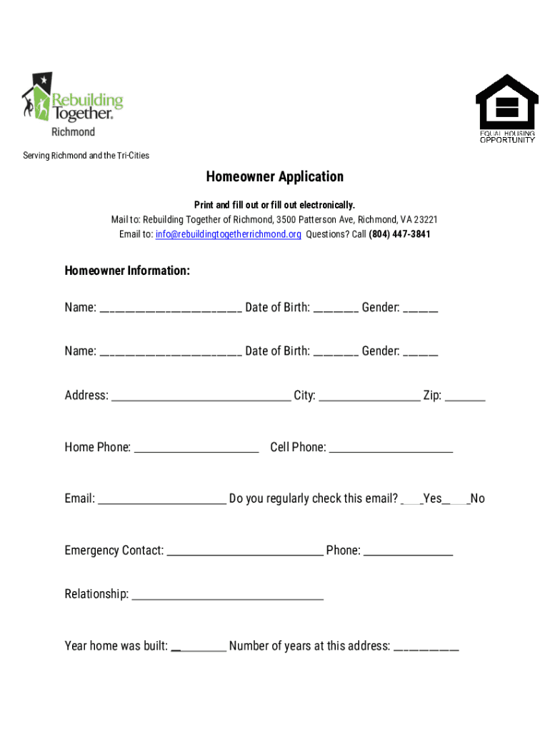 Fillable Online Homeowner ApplicationRebuilding Together Richmond Fax ...