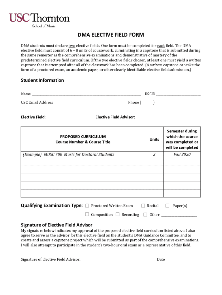 Fillable Online DMA ELECTIVE FIELD FORM Fax Email Print - pdfFiller