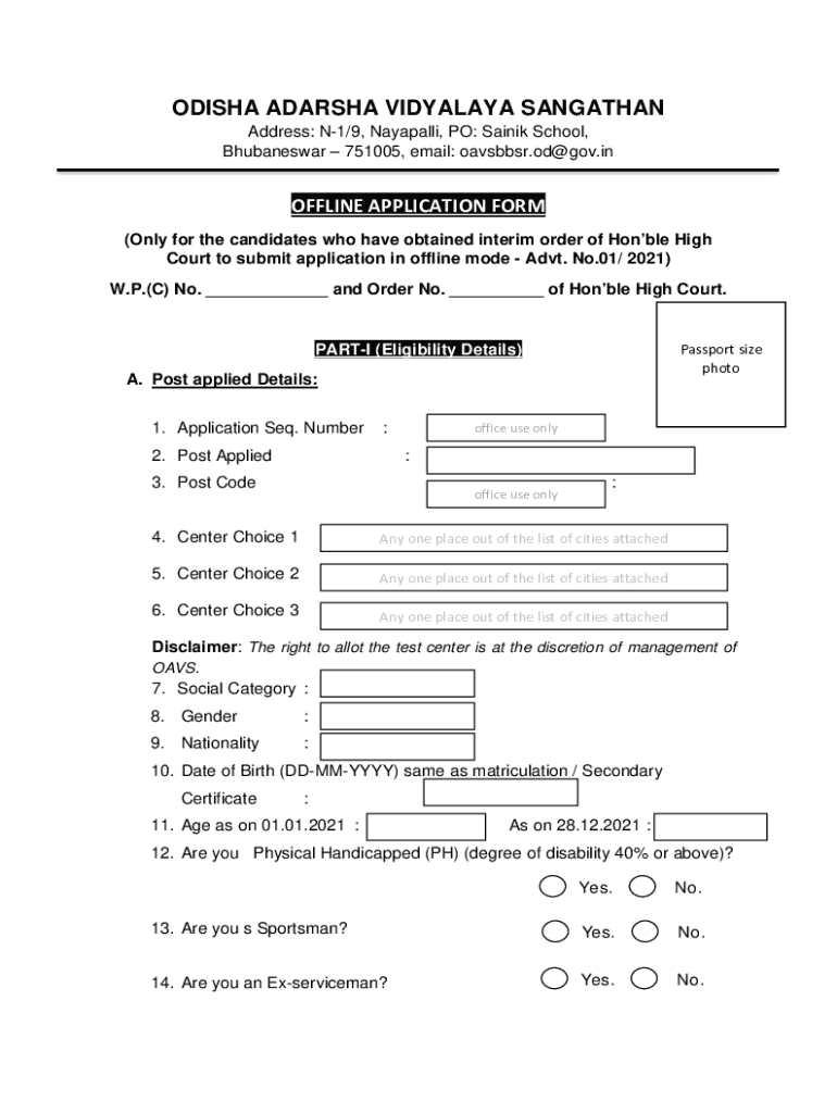 Fillable Online ODISHA ADARSHA VIDYALAYA SANGATHAN - Address Fax Email ...