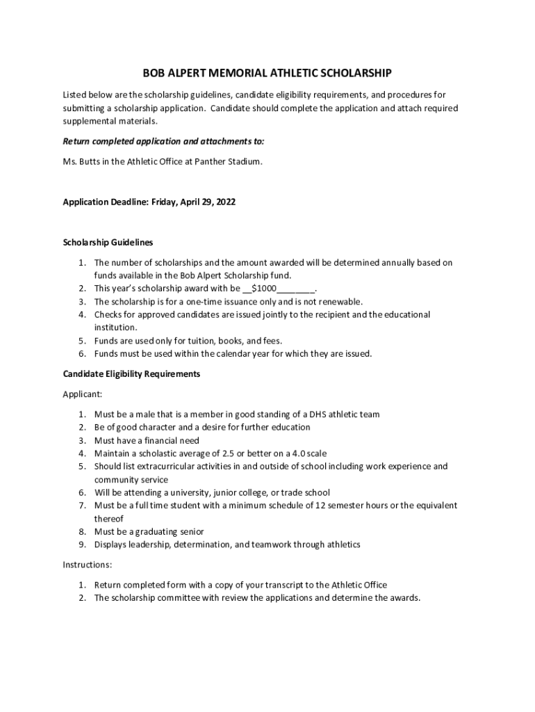 Fillable Online BOB ALPERT MEMORIAL ATHLETIC SCHOLARSHIP Fax Email ...
