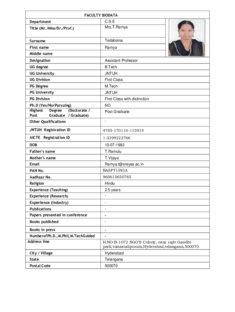 Fillable Online FACULTY BIODATA Department C.S.E Title (Mr./Miss/Dr./Prof.) Mrs ... Fax Email ...