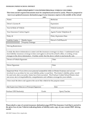 Fillable Online employee/parent volunteer personal vehicle use form ...