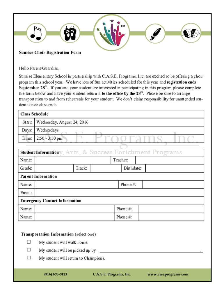 Fillable Online Sunrise Choir Registration Form Hello Parent/Guardian ...