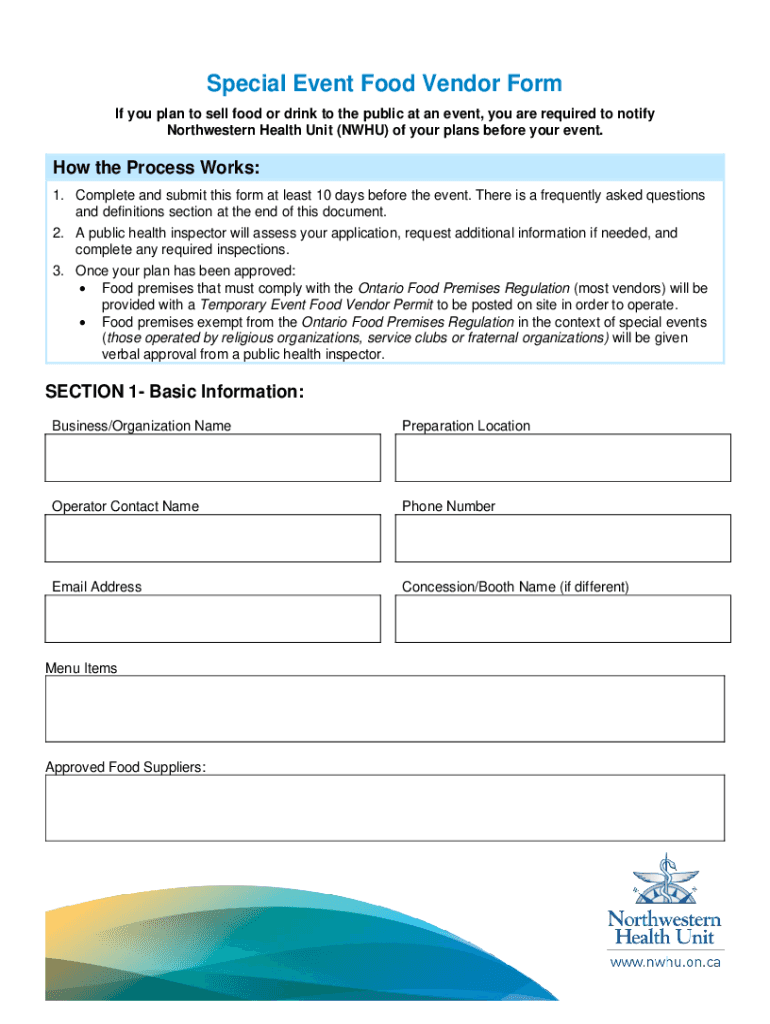 Fillable Online Special Event Food Vendor Form - Northwestern Health ...