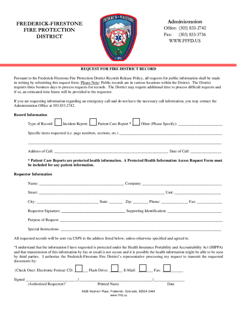 Fillable Online Records Request - Frederick-Firestone Fire District Fax Email Print - pdfFiller