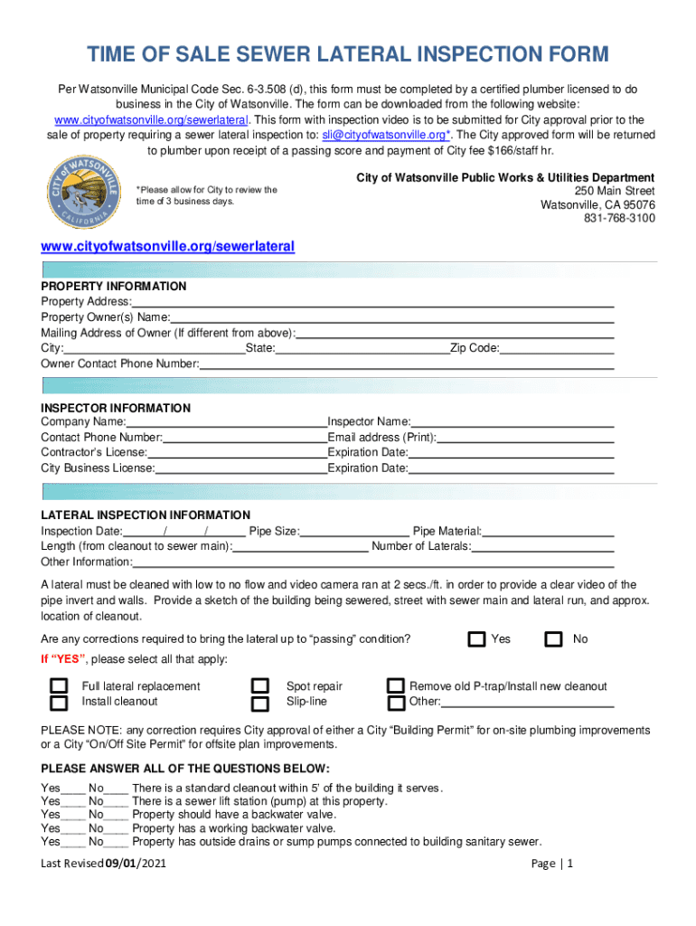 Fillable Online TIME OF SALE SEWER LATERAL INSPECTION FORM ...