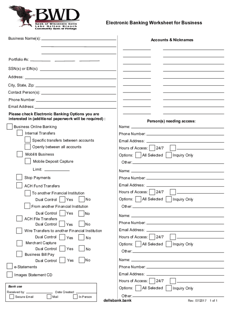 Fillable Online Electronic Banking Worksheet for ... - Bank of ...