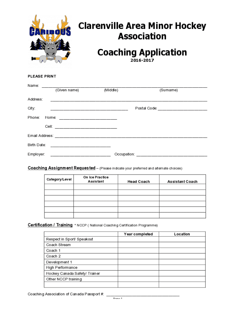 Fillable Online Clarenville Area Minor Hockey Association Coaching ... Fax Email Print - pdfFiller