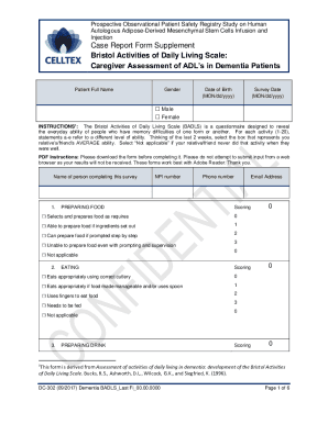 Fillable Online Case Report Form Supplement Bristol Activities of Daily Living Scale ... Fax ...