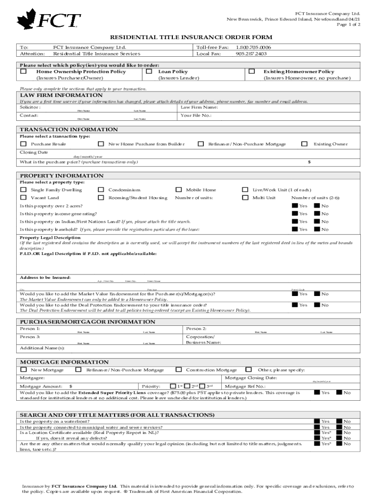 Fillable Online Order Residential Title Insurance - FCT Fax Email Print ...