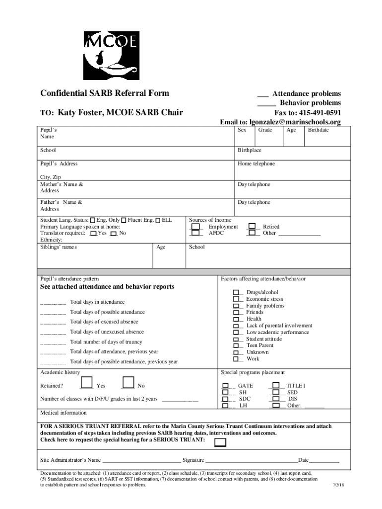 Fillable Online Confidential SARB Referral Form Fax Email Print - pdfFiller