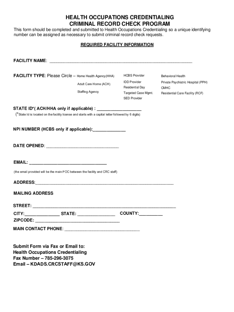 Fillable Online KDADS : HOC Criminal Record Check - Kansas.gov Fax ...