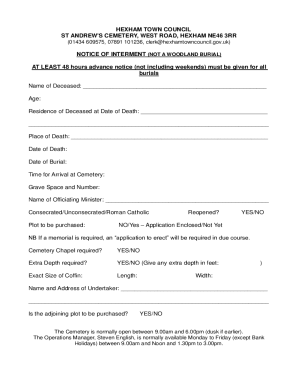 Fillable Online notice of interment (not a woodland burial) Fax Email ...