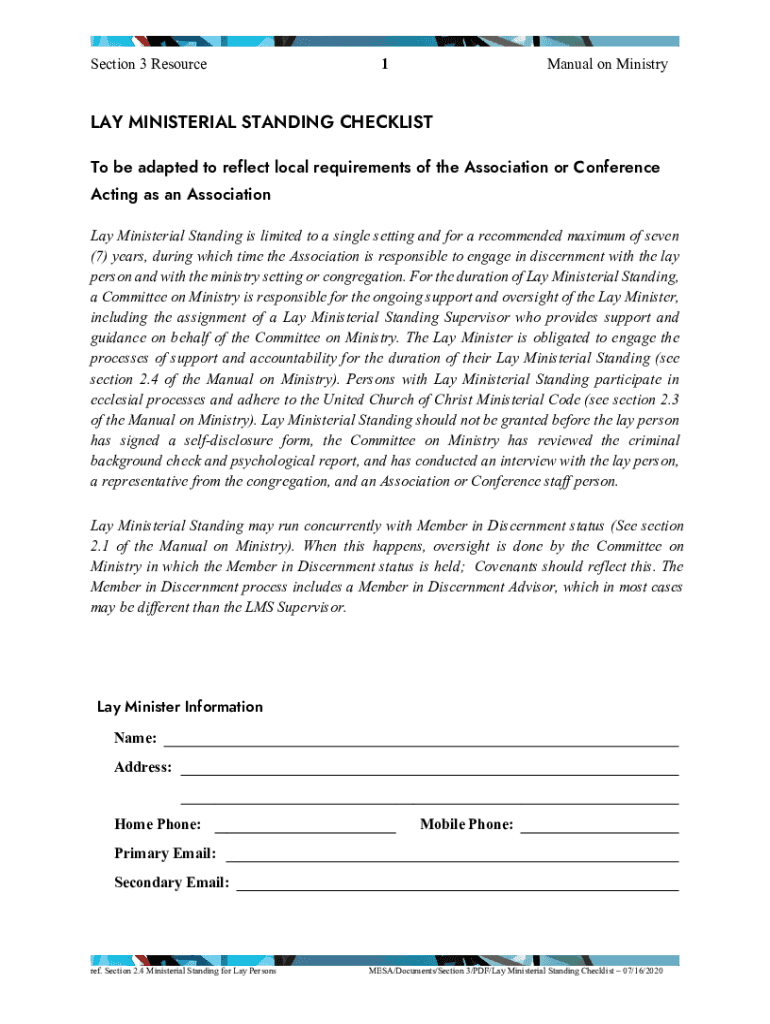 Fillable Online Ordained Ministerial Standing - EXEMPT in the Southwest ...
