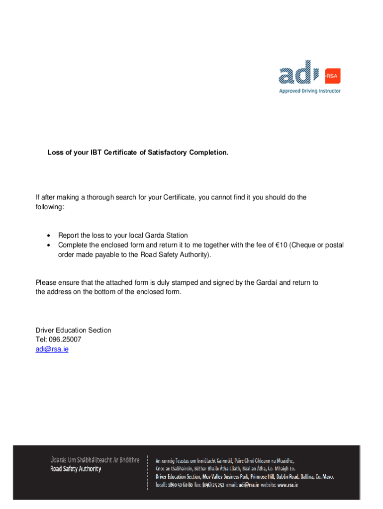 Fillable Online Loss of your IBT Certificate of Satisfactory Completion ...