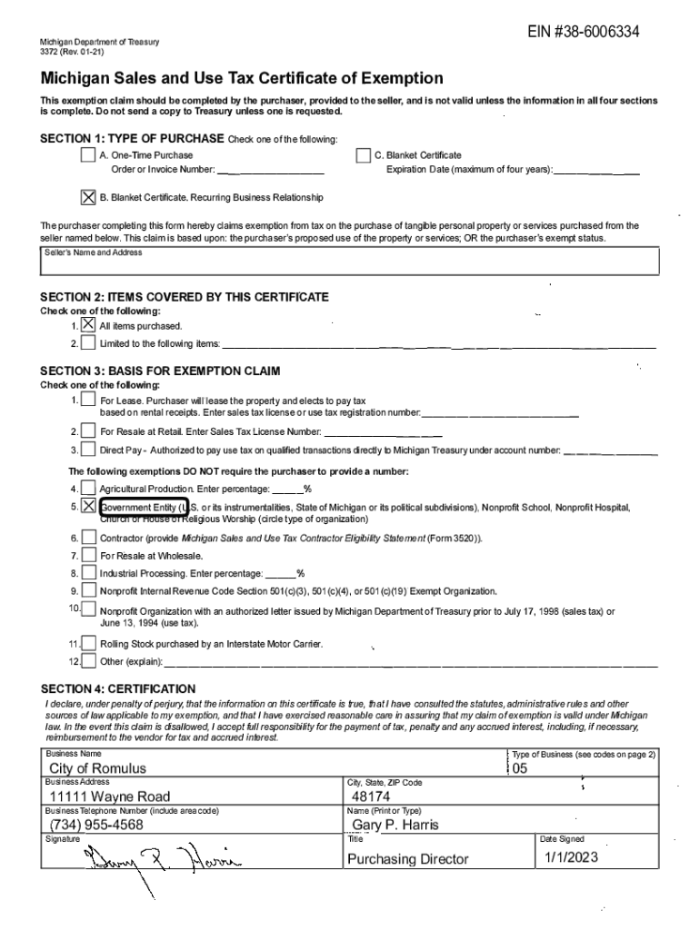 Fillable Online Michigan Sales and Use Tax Certificate of Exemption EIN ...