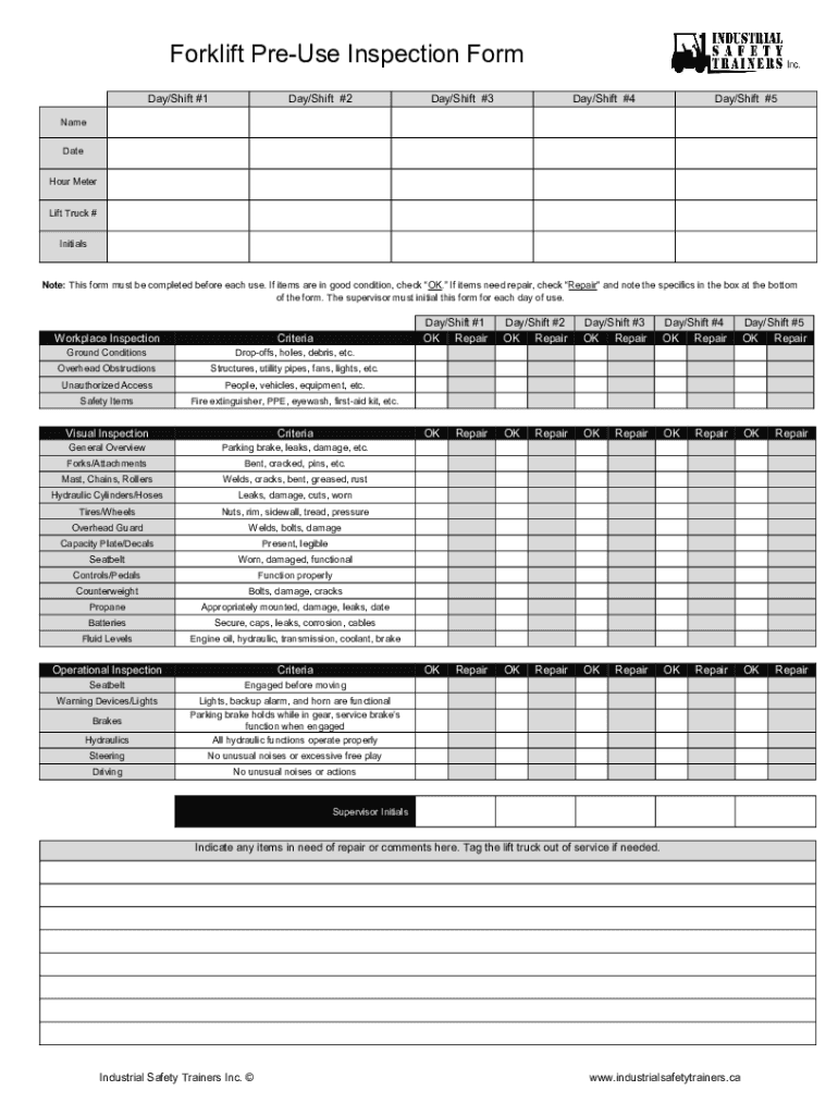 Fillable Online Forklift Pre-Use Inspection Form - Industrial Safety ...