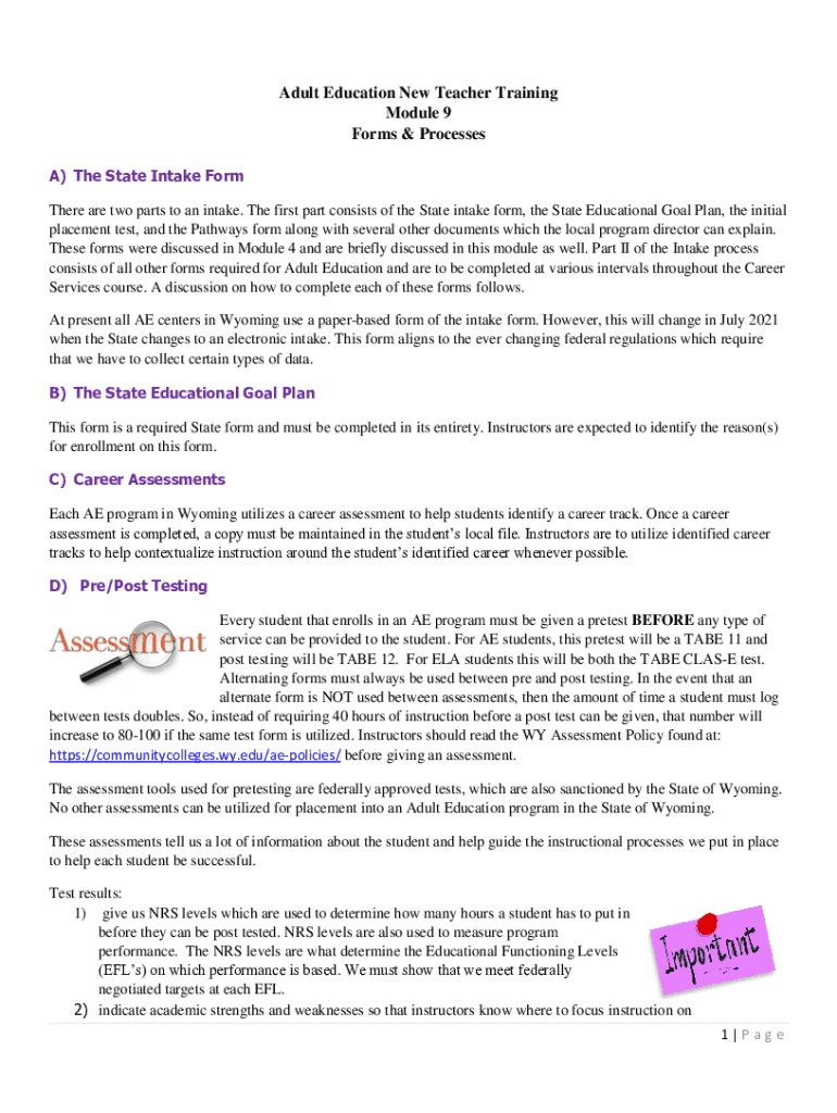 Fillable Online Adult Education New Teacher Training Module 9 Forms ...