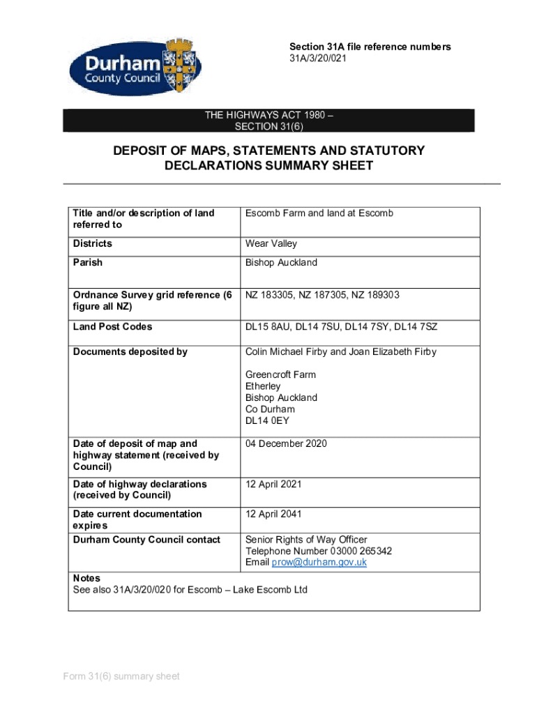 Fillable Online Escomb Farm and land at Escomb - Durham County Council ...