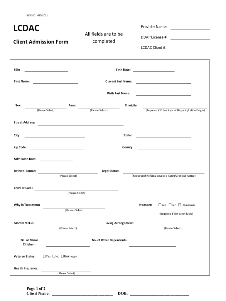 Fillable Online Client Admission Form - Lancaster County Fax Email ...