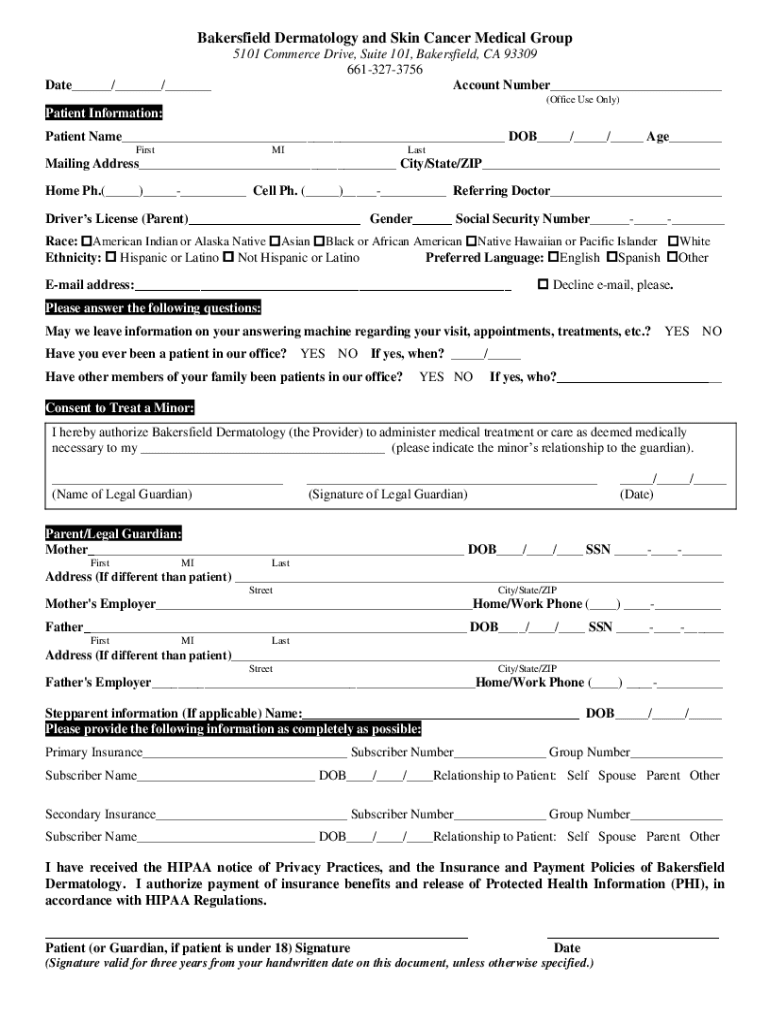 Fillable Online Bakersfield Dermatology & Skin Cancer Medical Group Fax ...