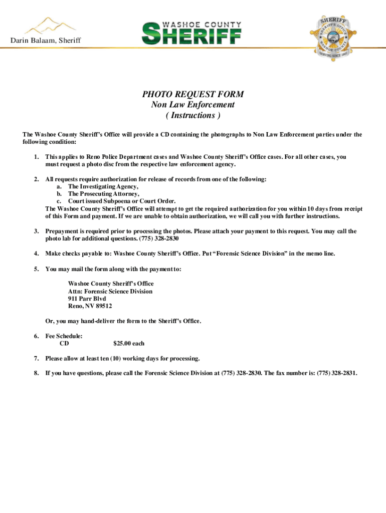 Fillable Online PHOTO REQUEST FORM Non Law Enforcement (Instructions ...