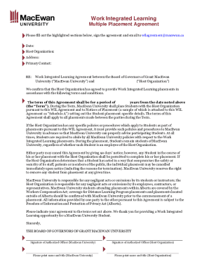 Fillable Online Work Integrated Learning One-time Placement Agreement ...