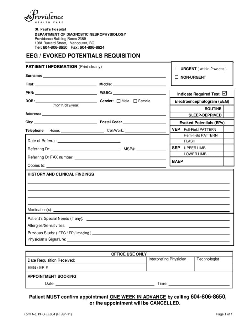 Fillable Online EEG / Evoked Potentials Requisition - Providence Health ...