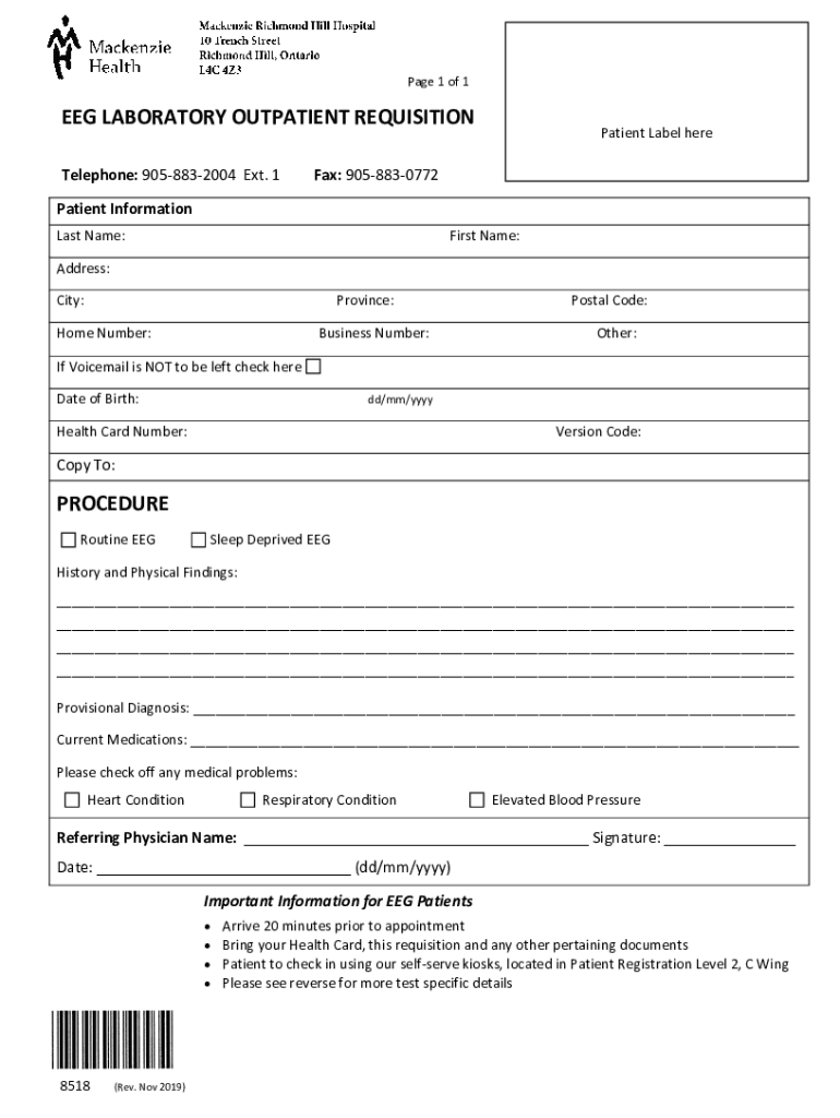 Fillable Online EEG LABORATORY OUTPATIENT REQUISITION PROCEDURE Fax ...