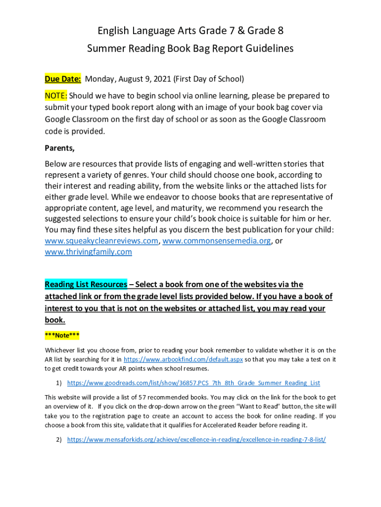 Fillable Online English Language Arts Grade 7 & Grade 8 Summer Reading ...