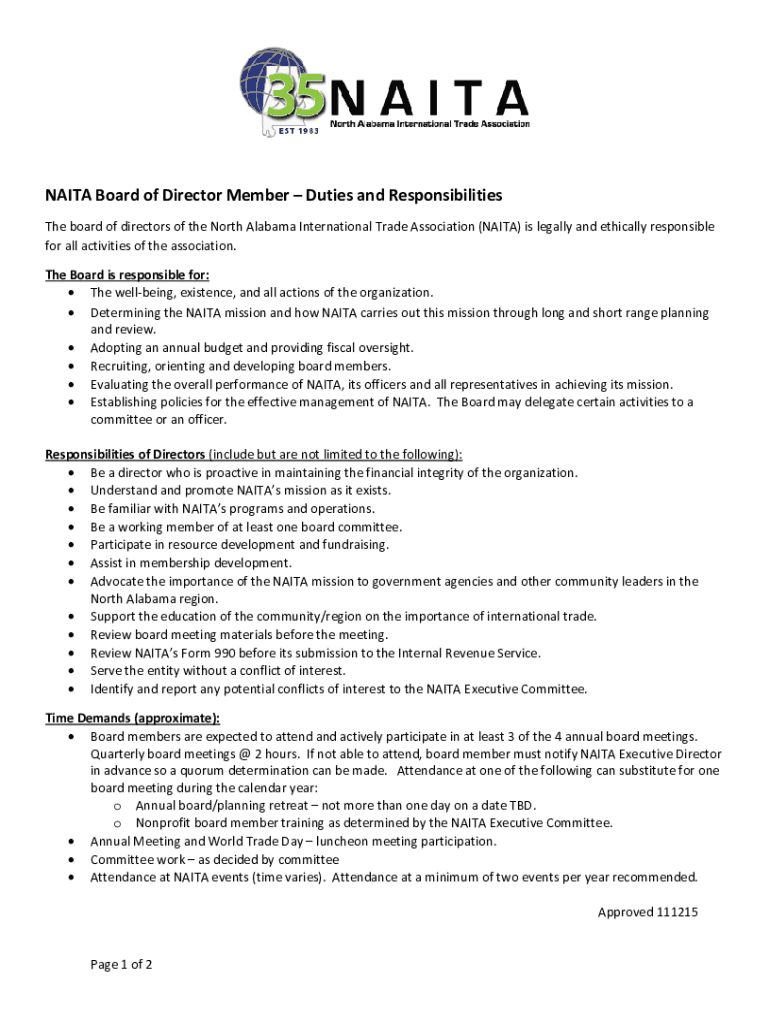Fillable Online NAITA Board of Director Member Duties and ...