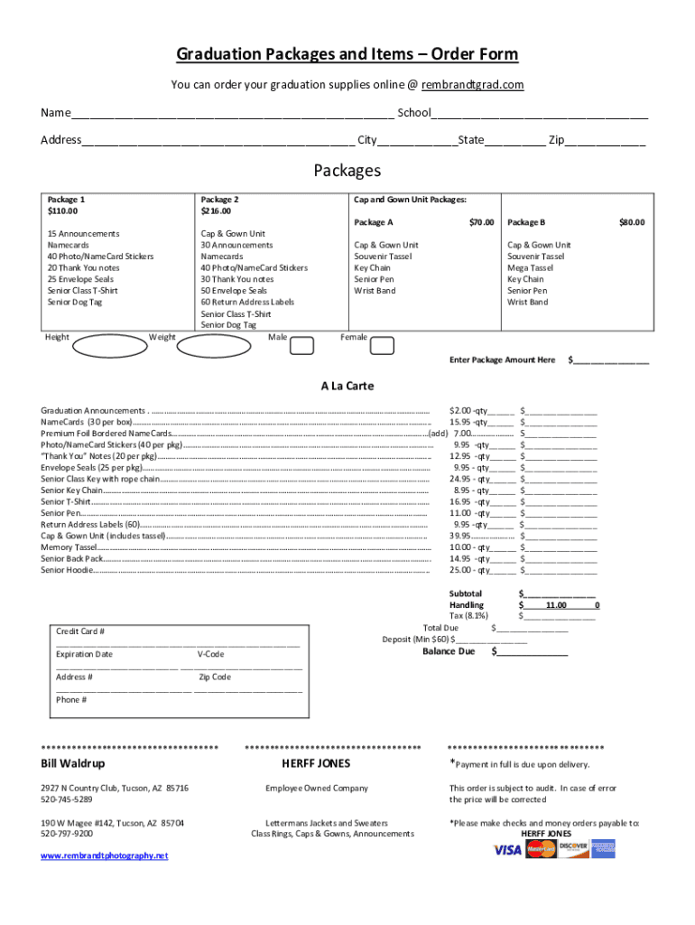 Fillable Online Graduation Packages and Items Order Form Packages Fax Email Print - pdfFiller