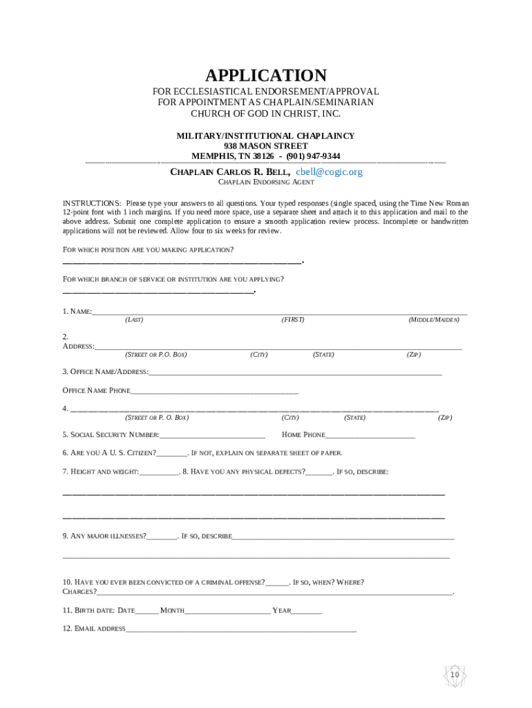 Chaplaincy Application - Church Of God In Christ Doc Template | pdfFiller