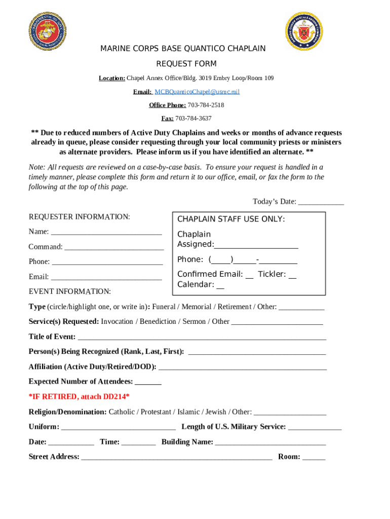 Chaplain Request - Marine Corps Base Quantico Doc Template | pdfFiller