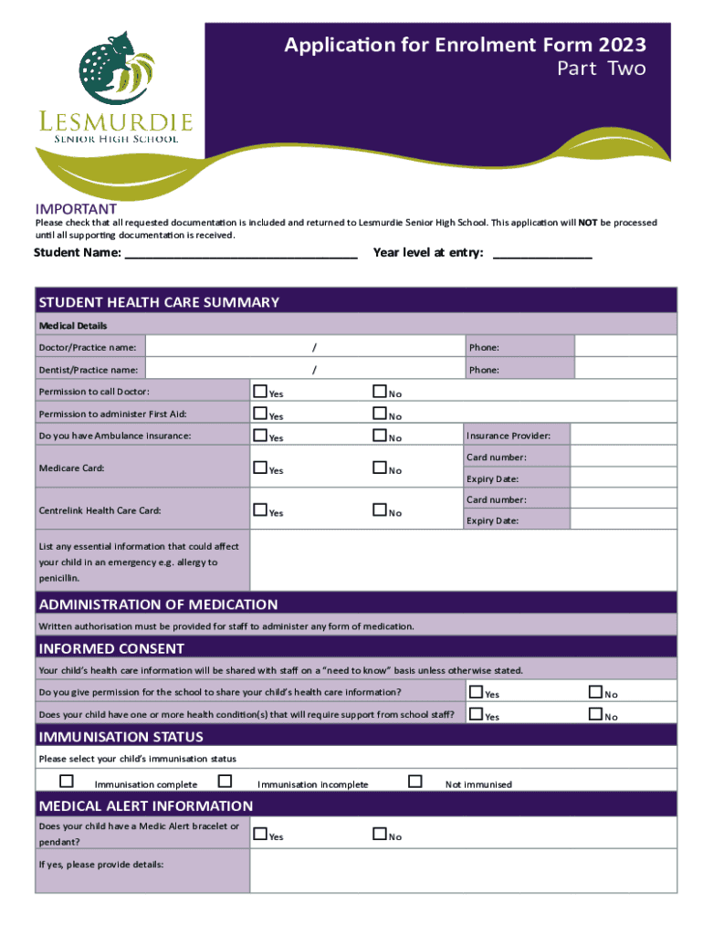 Fillable Online Application for Enrolment Form 2023 Part Two Fax Email ...