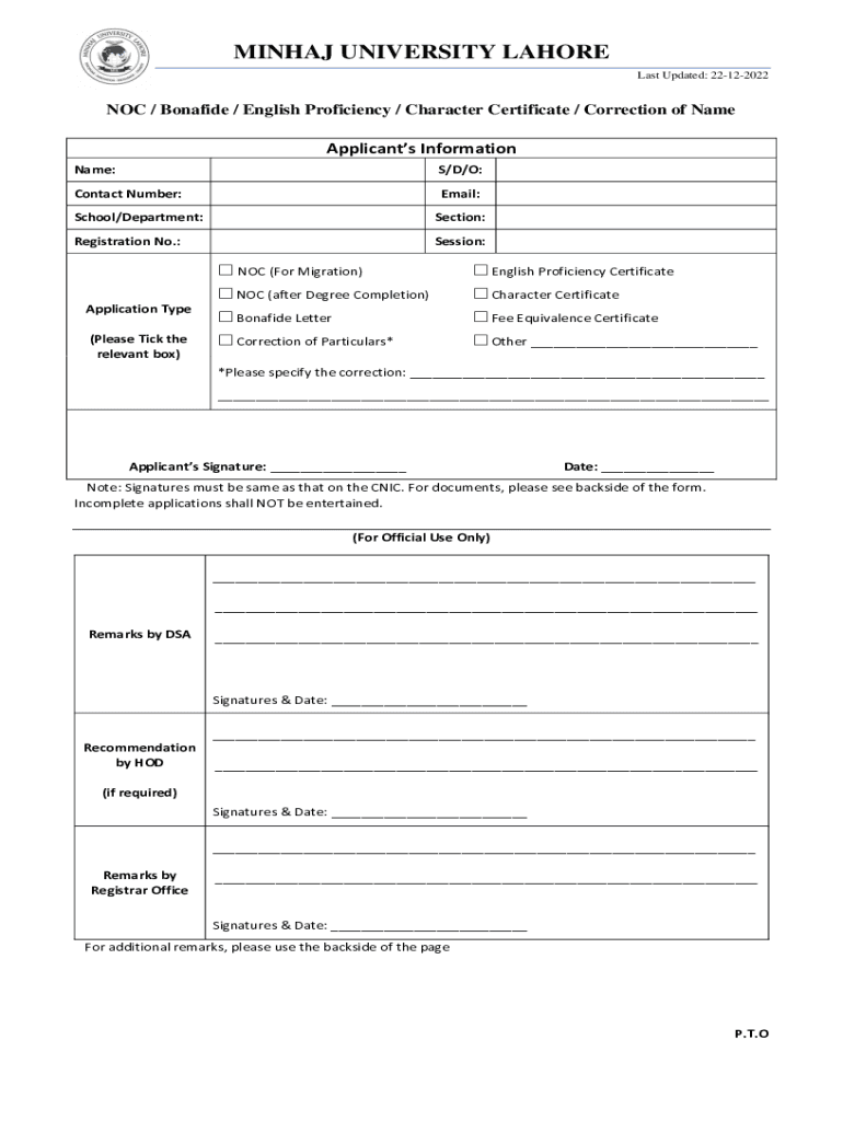 Fillable Online NOC / Bonafide / English Proficiency / Character ...