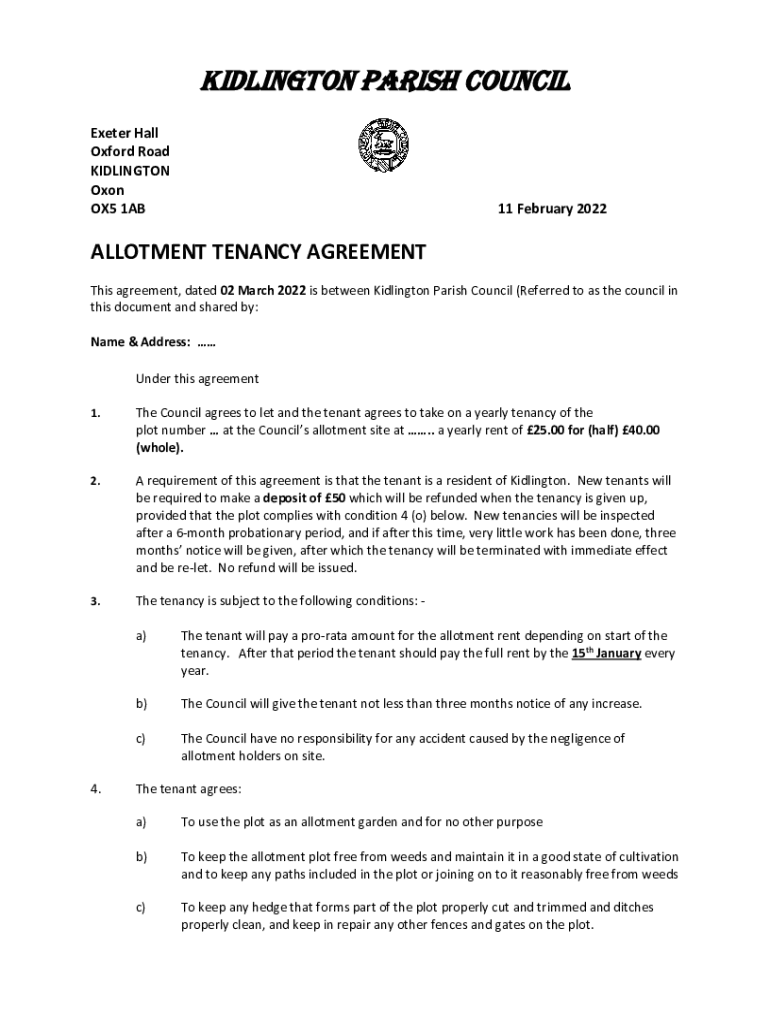 Fillable Online Allotment tenancy agreement - Kidlington Parish Council ...