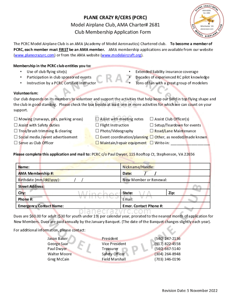 Fillable Online PLANE CRAZY R/CERS (PCRC) Model Airplane Club, AMA Charter ... Fax Email Print ...