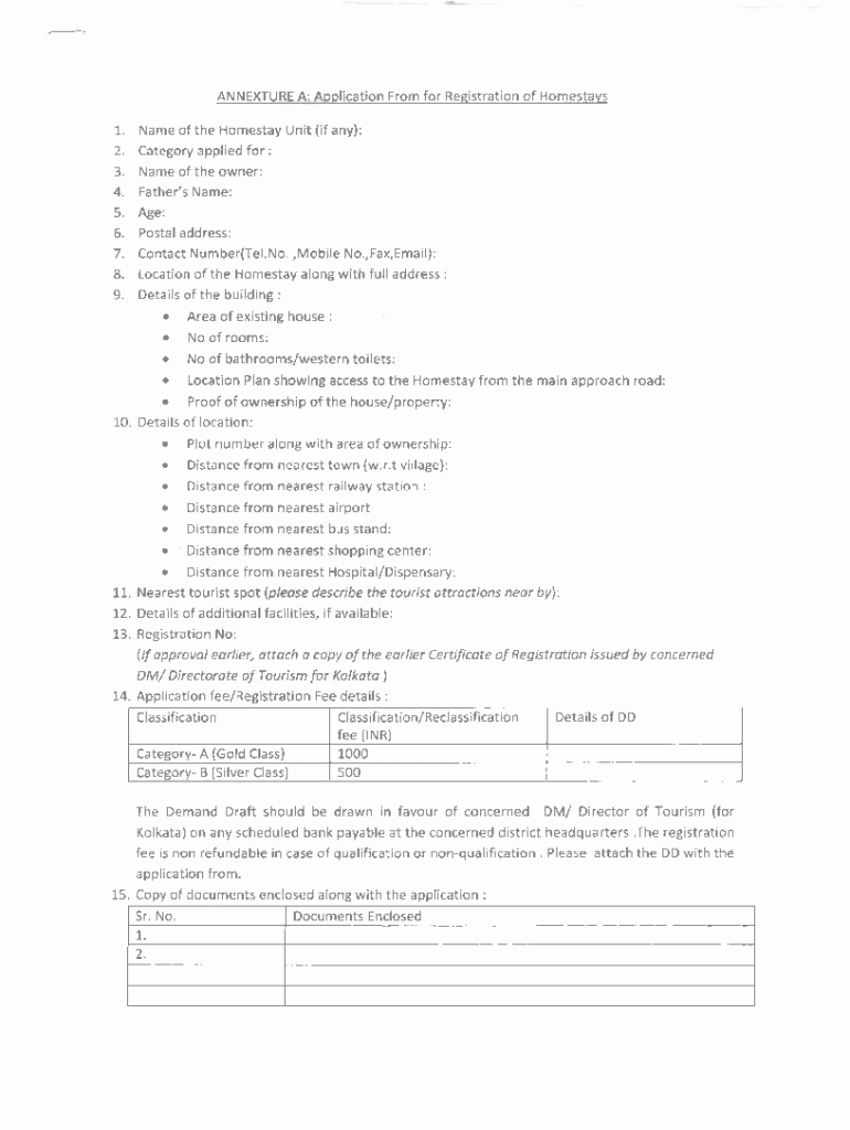Fillable Online wbtourism gov Homestay Registration Application - West ...