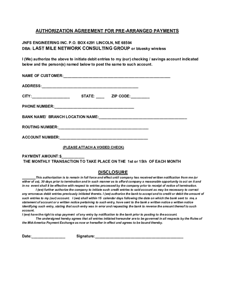 Fillable Online authorization agreement for pre-arranged payments Fax ...