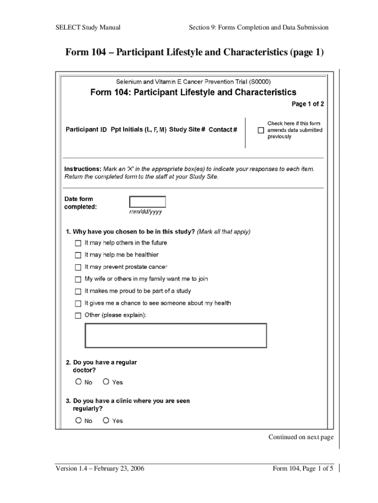 Fillable Online Form 104Participant Lifestyle and Characteristics (page 1) Fax Email Print ...