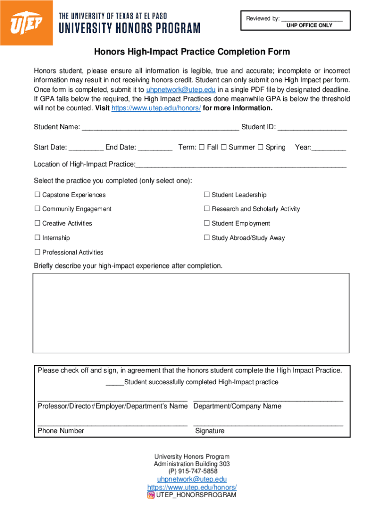 Fillable Online Honors High-Impact Practice Completion Form Fax Email ...