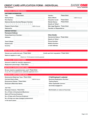 Fillable Online CREDIT CARD APPLICATION FORM - INDIVIDUAL - Bank One ...