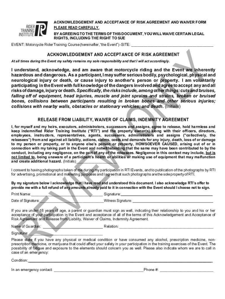 Fillable Online acknowledgement and acceptance of risk agreement and ...