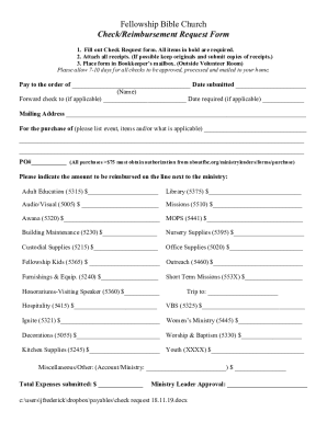 Fillable Online Fellowship Bible Church Check/Reimbursement Request Form Fax Email Print - pdfFiller
